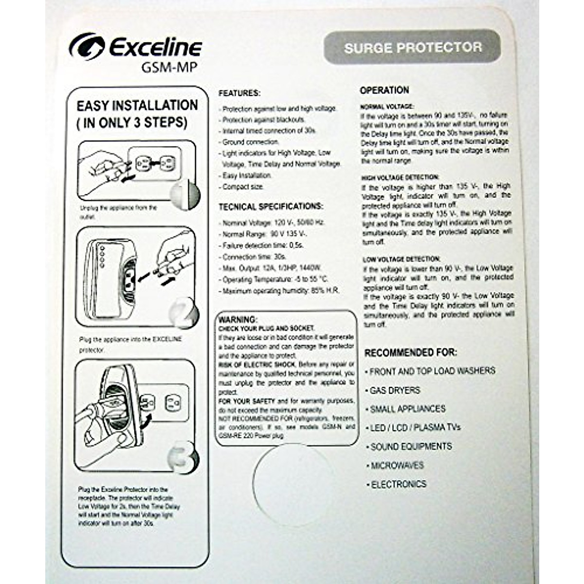 Electronic Surge Protector for Front and Top Load Washers, Gas Dryers, LED, LCD and Plasma Tv's