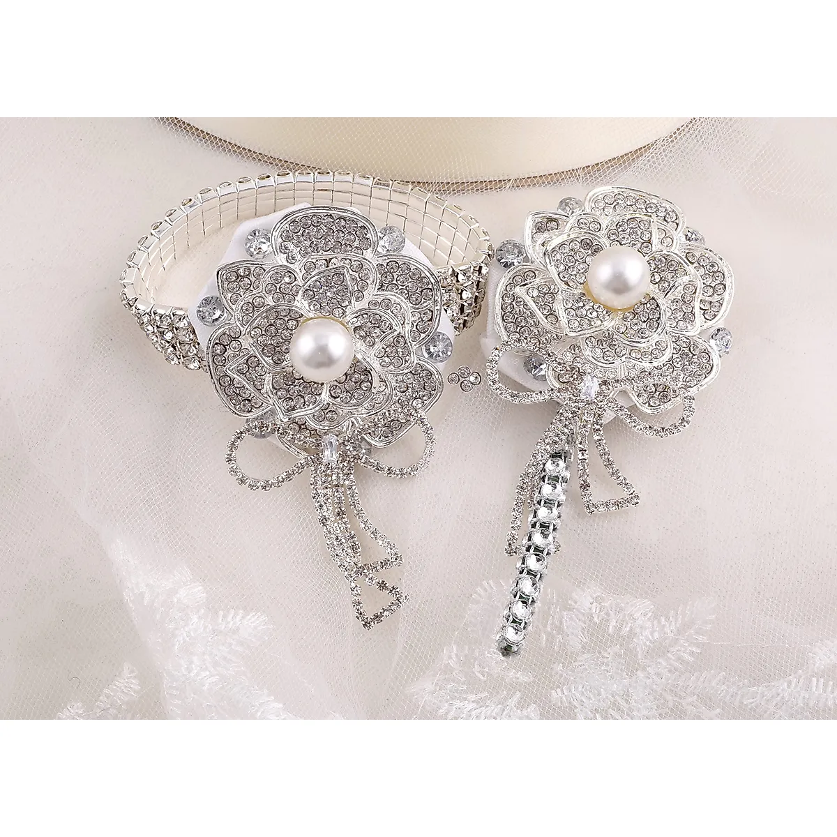 BingooPan Wrist Corsage Wristlet and Boutonniere Set 2 with Artificial Pearl for Luxury Wedding Party Prom (Ivory)