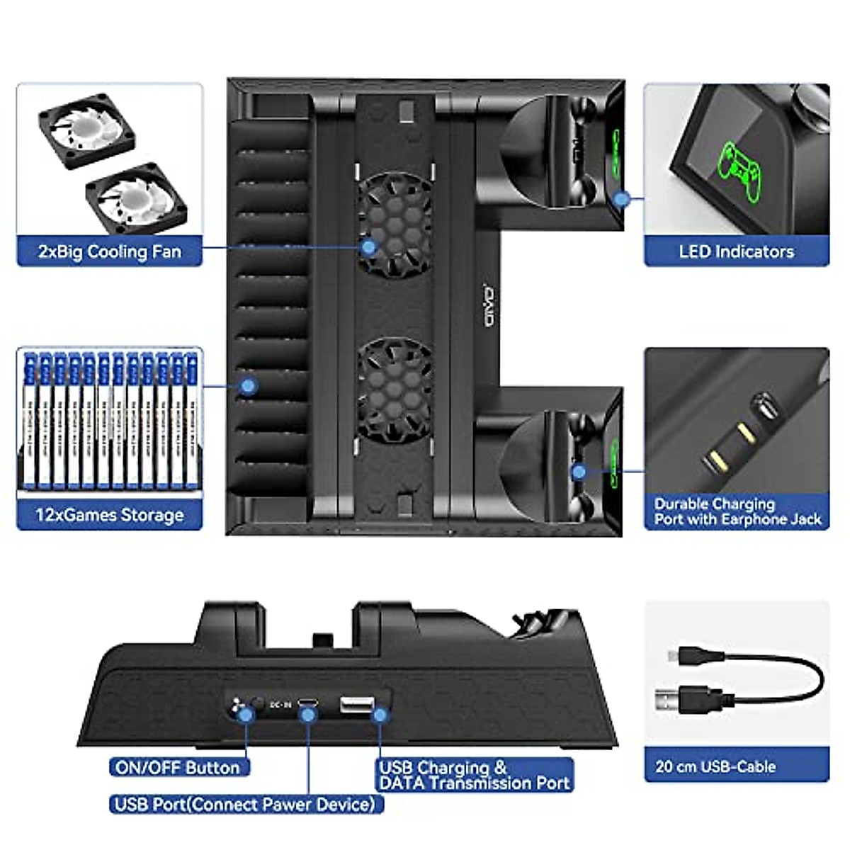 OIVO PS4 Stand Cooling Fan Station for Playstation 4/PS4 Slim/PS4 Pro, PS4 Pro Vertical Stand with Dual Controller EXT Port Charger Dock Station and 12 Game Slots