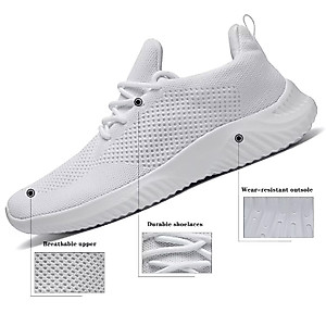 Mens Slip-on Tennis Shoes Walking Running Sneakers Lightweight Breathable Casual Soft Sole Mesh Work Gym Trainers White