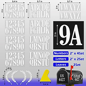 2" Reflective Mailbox Numbers Letters Stickers for Outside,Self Adhesive Mailbox Decal Numbers 4 Set(0-9),Letters 2 Set(A-Z),Leaves 2 Set,Vinyl House Address Stickers for Mailbox,Signs,Cars(White)