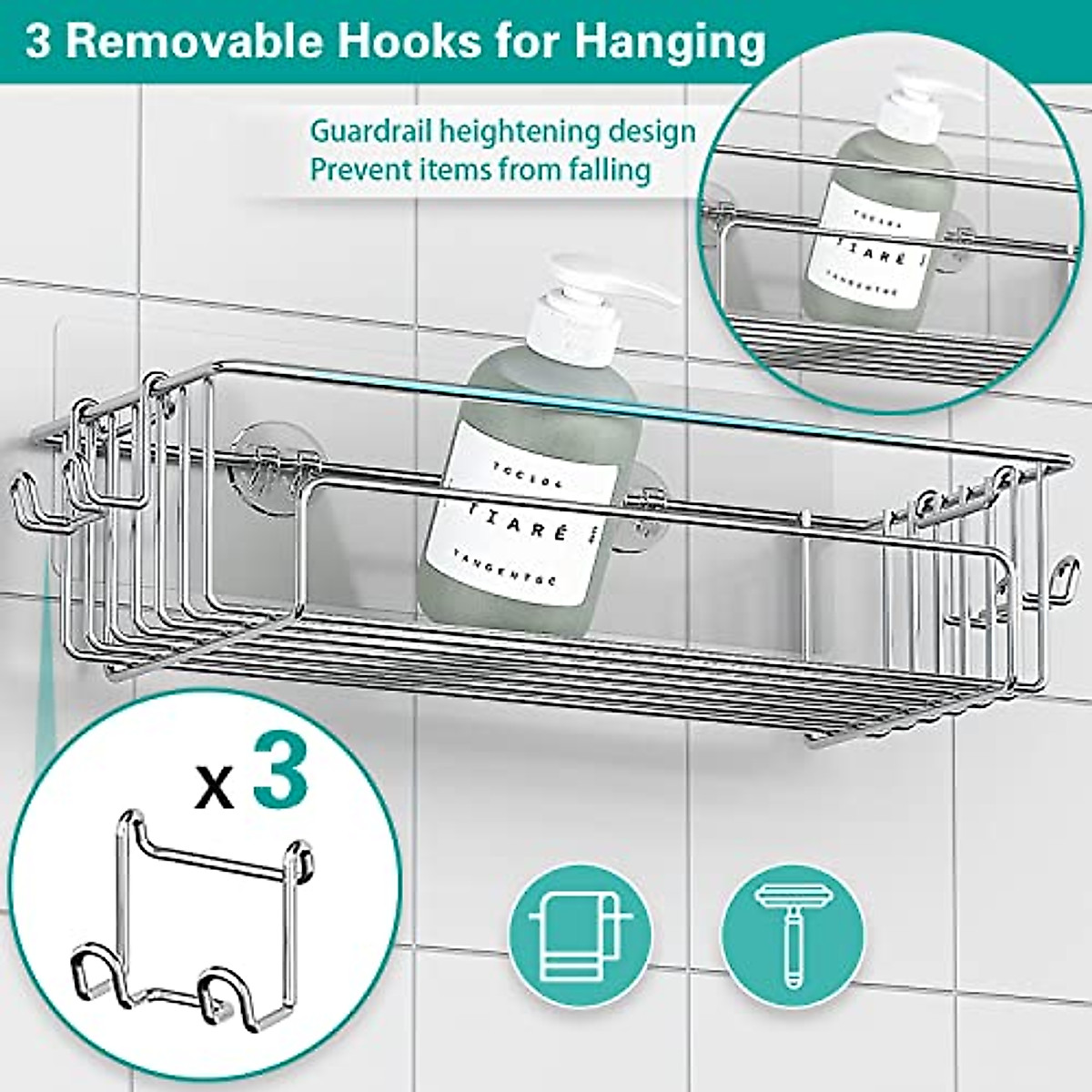 MIMIEYES Shower Caddy, 2 Pack Shower Caddy Bathroom Organizers, SUS 304 Stainless Steel Shower Shelf Inside Shower, Adhesive Wall Hanging Storage Organizer Shower Basket Kitchen Spice Rack