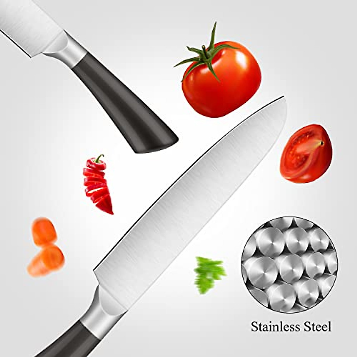 KIMIUP 9 Pieces Kitchen Knife Set with Block,5 Stainless Steel Knives and Scissors Peeler Knife Sharpener with Stand 360 Degree Revolving Base,Black Handle