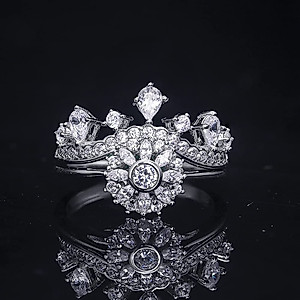 Yaresul Crown Statement Rings for Woman, Princess Crown Cubic Zirconia Promise Ring, Womens Sterling Silver Rings Size 8