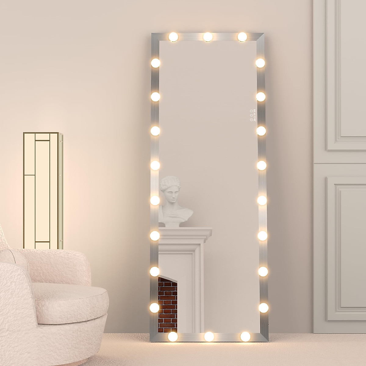ANYHI Mirror with Lights Full Length, 62.6'' x 23.3'' LED Full Body Floor Dressing Mirror with 22 Dimmable Bulbs, Dimmable, 3 Color Lighting, Wall Mount/Standing (Silver)