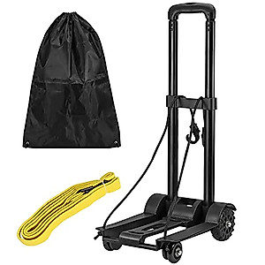 Folding Hand Truck, JEUIHAU 88 Lbs Capacity 4 Wheels Heavy Duty Roll Luggage Cart with Bungee Cord and Bag, Portable Luggage Cart for Travel, Shopping Moving, Luggage, Office