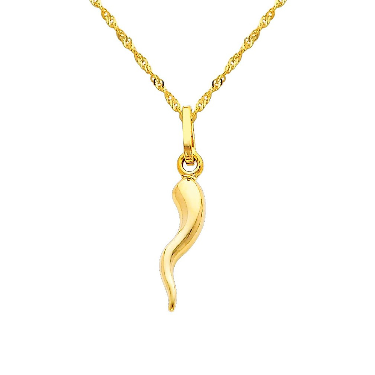 14k REAL Yellow Gold Cornicello Italian Horn Pendant with 1.2mm Singapore Chain Necklace - 20"