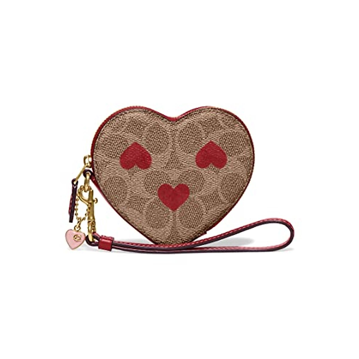 COACH Canvas Signature with Heart Print Heart Wristlet Tan Red Apple One Size
