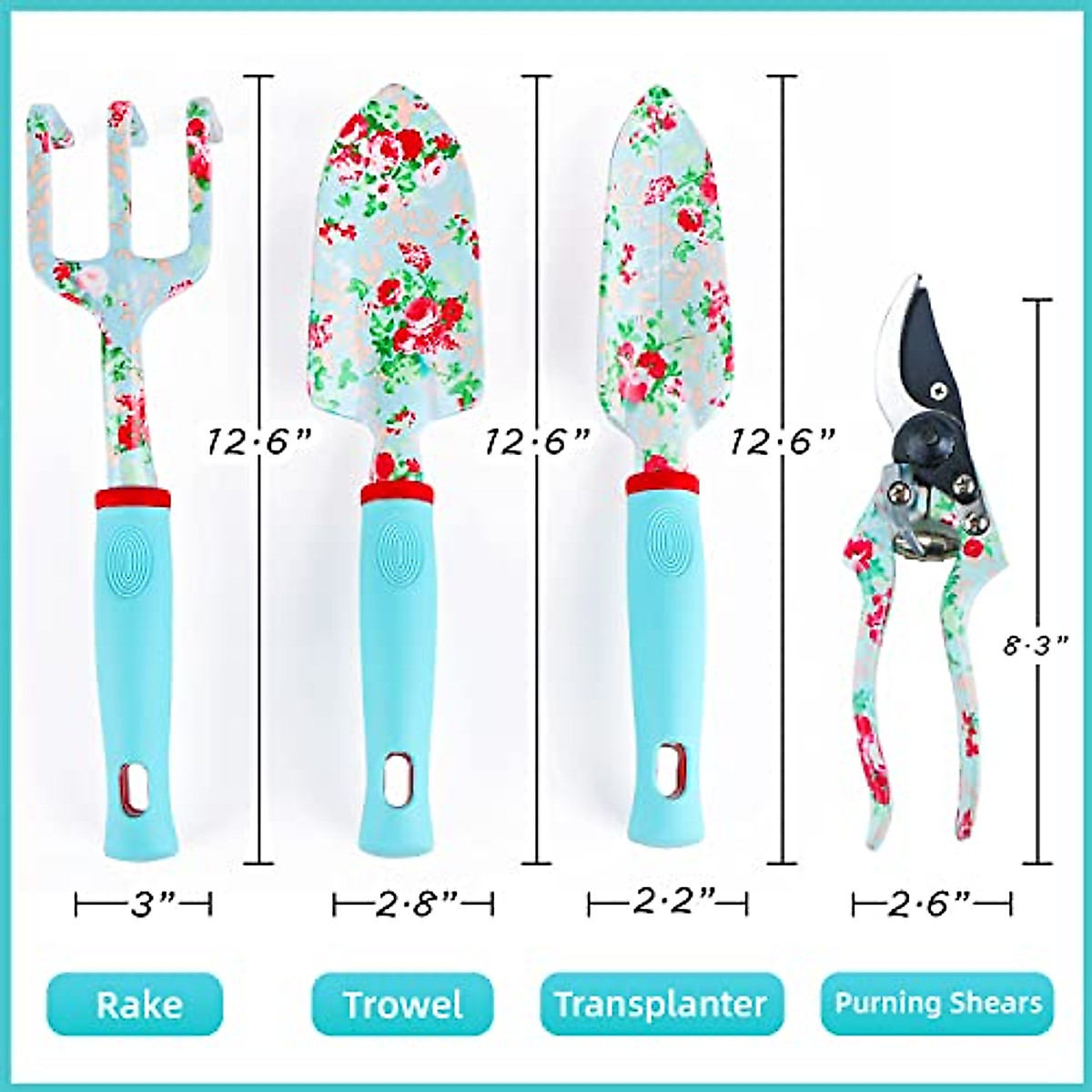 Gardening Tools, 4 PCS Heavy Duty Floral Garden Tool Set, WANCHI Rustproof Aluminum Gardening Hand Tools,Gardening Gifts for Women Birthday, Gardening Kit（Rake，Trowel，Transplanter，Pruning Shears）