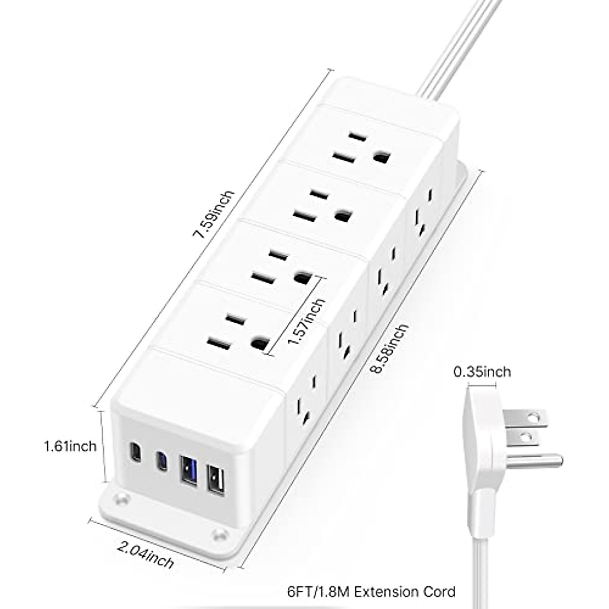 30W USB C Power Strip Surge Protector,Ultra Thin Flat Plug Power Strip 4 Side 12 Outlets,PD Fast Charing,2 USB-C, 2 USB-A(4 USB Total 40W),6ft Slim Extension Cord,16 in 1 Desk Power Bar,1200J White