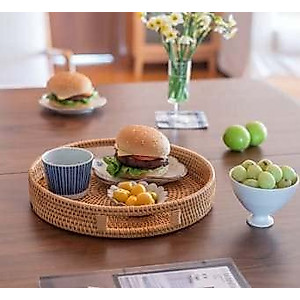 Isla's Creations Round Rattan Serving Tray – Woven Rattan Decorative Tray with Handles – Multipurpose Trays for Eating, Storage, Serving Breakfast, Tea, Snacks – Boho Modern Rattan Tray, 30 x 5 cm