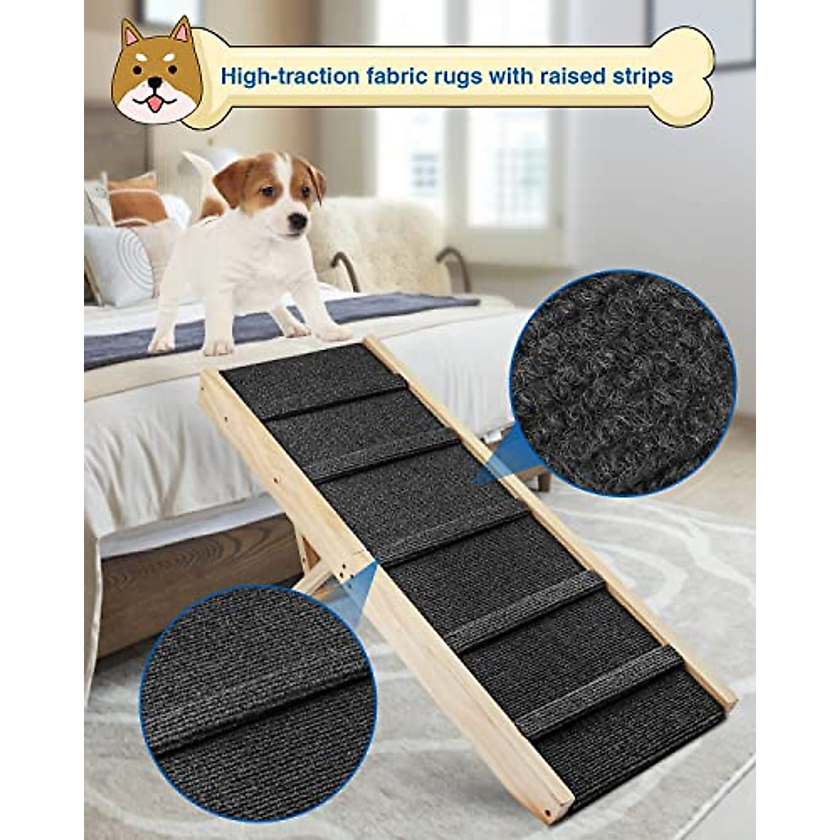 TNELTUEB Adjustable Dog Ramp, Wooden Folding Portable Pet Ramp,Rated for 30 LBS, 32.6" Long and Adjustable from 10" to 19" with Non-Slip Traction Mat, Dog Step for Bed, Couch,Car (Grey)