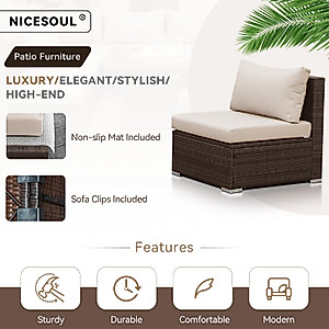 NICESOUL® Large 6 Pieces Brown Patio Furniture Sets with Gas Propane Fire Pit Table PE Wicker Modular High Back Outdoor Sectional Sofa Patio Conversation Sets with Firepit for Backyard Pool Garden