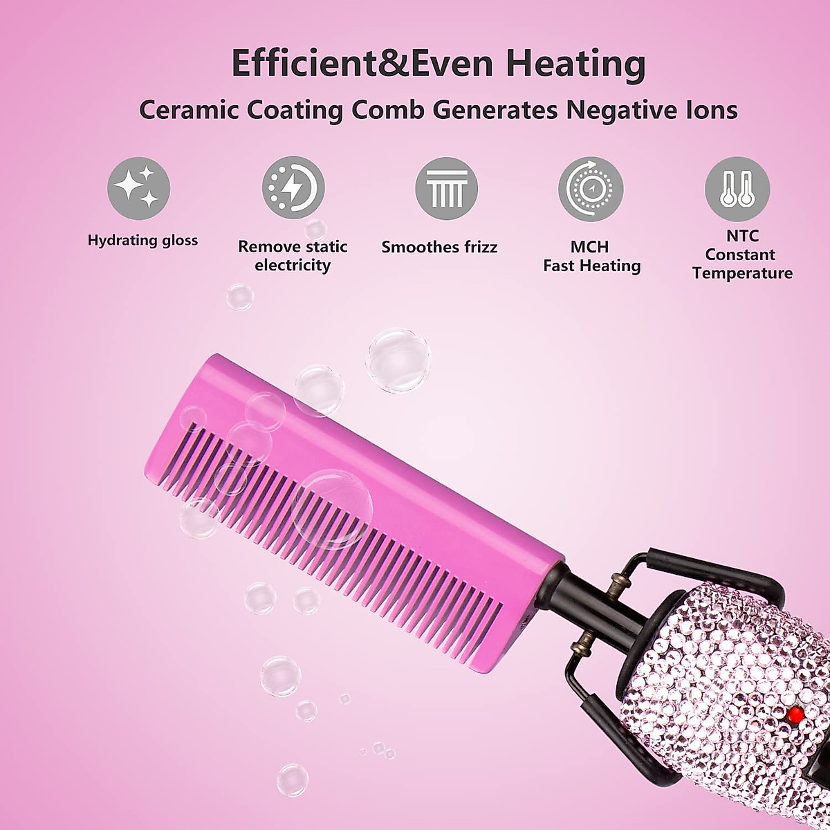 LURA Pink 180-500°F Hot Comb Electric for Wigs, Straightening for African American Hair,Pressing for Natural Black, Bling Diamonds Straightener Brush for Women Thick Hair…