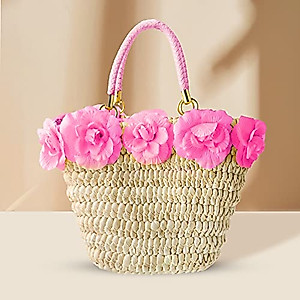 QTKJ Beach Bag for Women, Straw Handmade Handbag, Pink Leather Braided Handle and Flower Decoration, Boho Retro Woven Shoulder Bag, Large Tote Bag for Vacation Travel Work