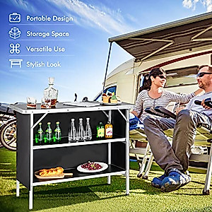 COSTWAY Folding Picnic Camping Table, Portable Lightweight Aluminum Table with Carry Bag, Food Prep Station with 2 Shelves, Quick Set-up, Outdoor Camping Table for BBQ, Party, Backyard (Black)