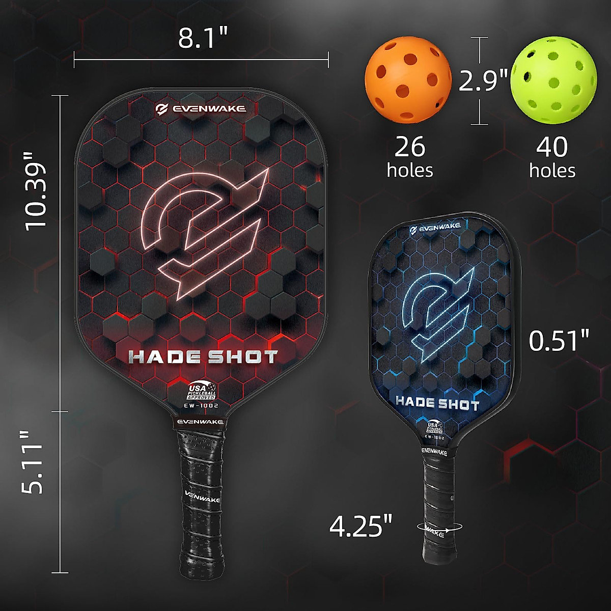 Evenwake Pickleball Paddles Set of 2, T700 Carbon Fiber Face with TPU Edge Guard, USAP Approved Rackets 2 Pack for Beginners&Intermediates, Includes Outdoor&2 Indoor Balls, 1 Customized Bag EW-1002