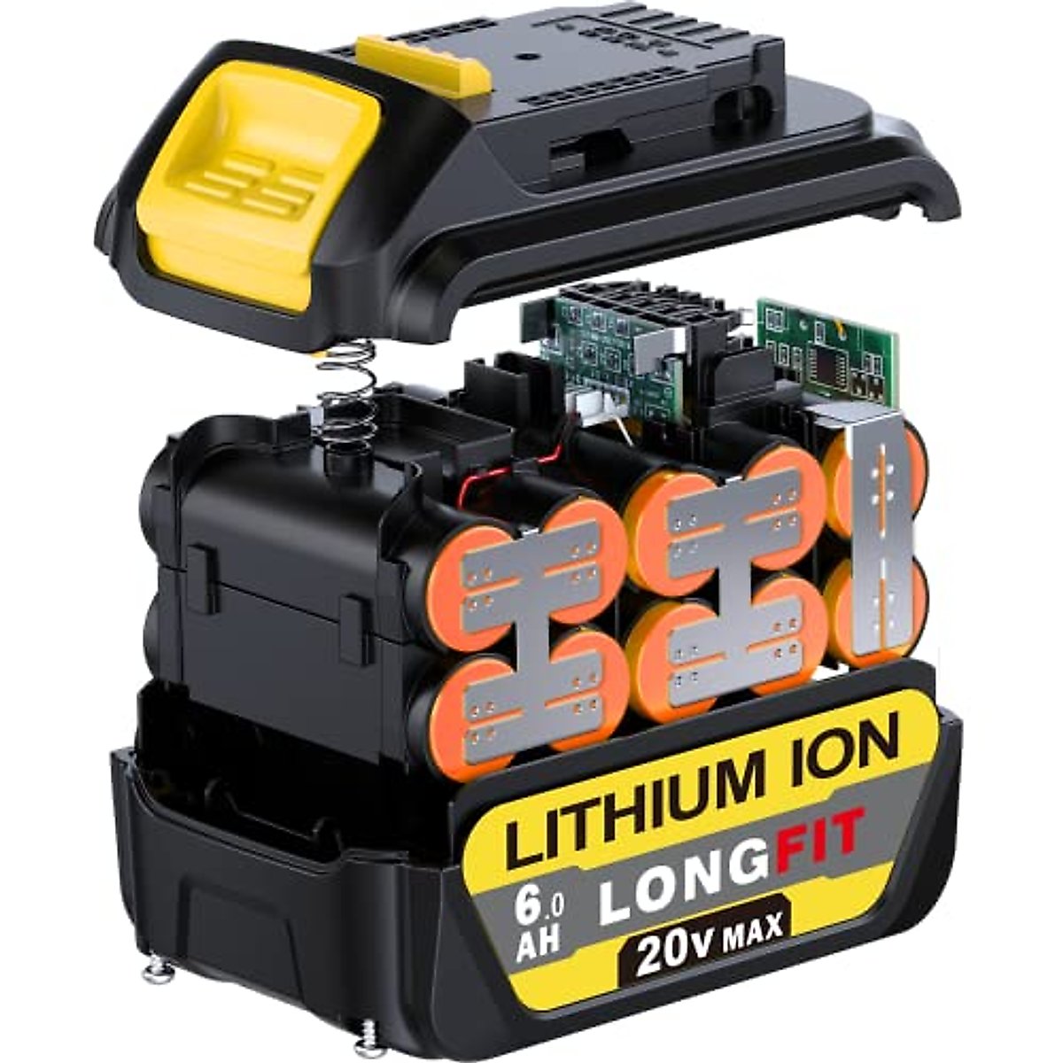 LONG FIT 2 Packs Replace for DeWalt 20v Battery 6.0Ah (DCB206), Replace for DeWalt Battery 20V Max DCB205-2 DCB206 DCB180 DCB204 DCB203 DCB20, Compatible with DeWalt 20V Cordless Power Tools