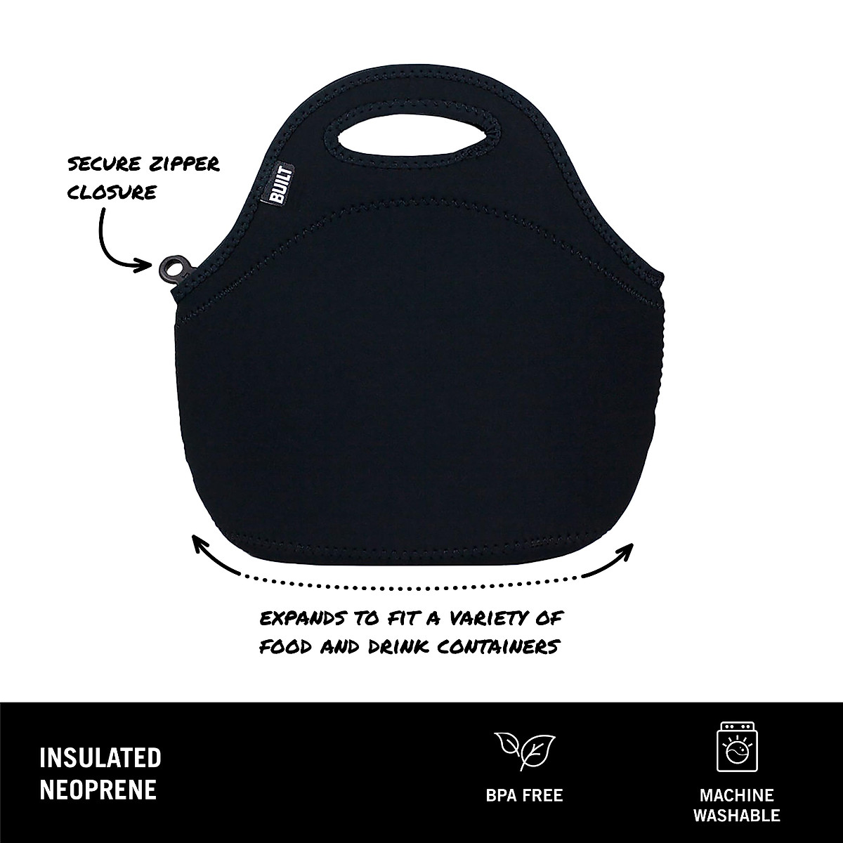 BUILT Gourmet Getaway Soft Neoprene Lunch Tote Bag - Lightweight, Insulated and Reusable, One Size, Black
