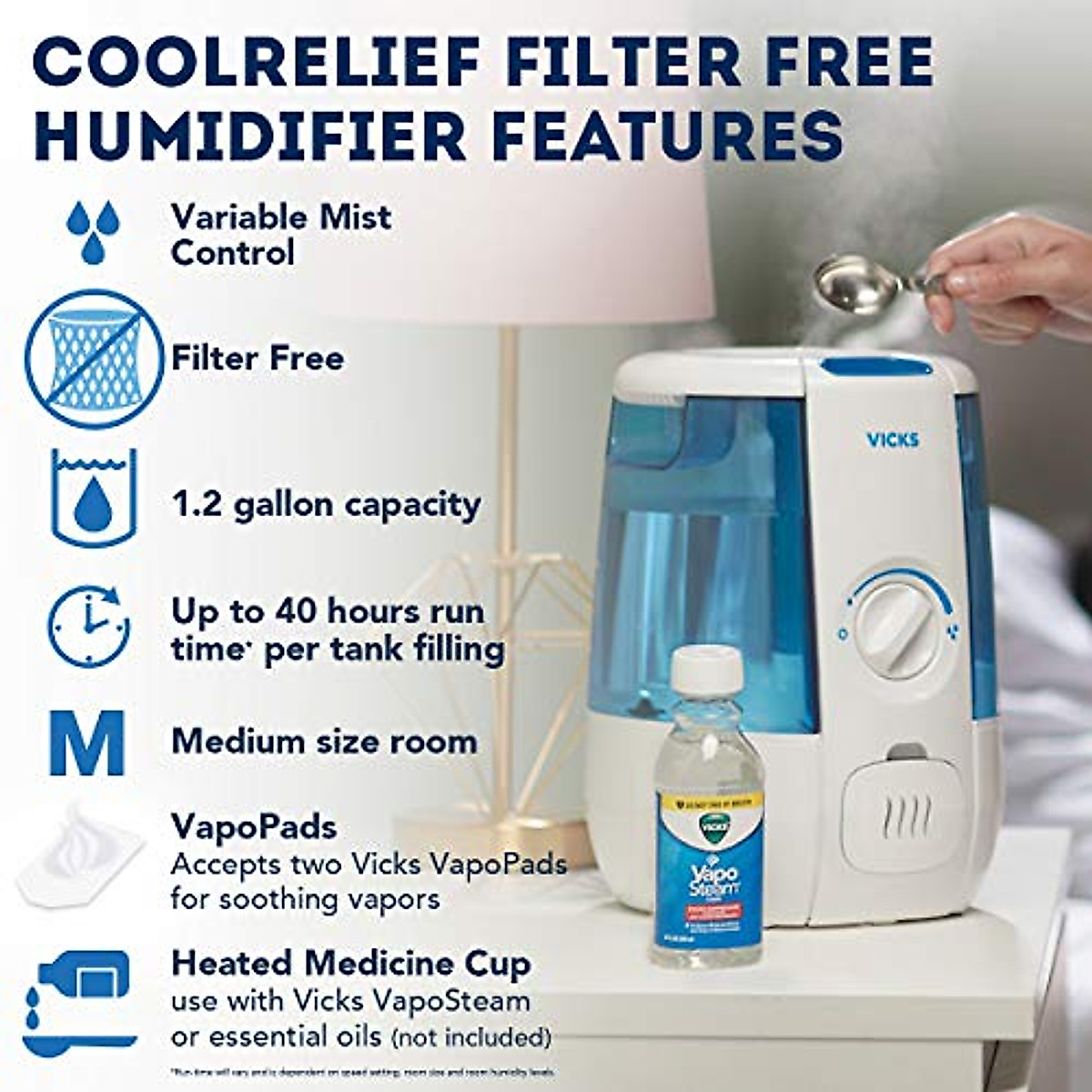 Vicks Filter-Free CoolRelief Cool Mist Humidifier, Medium Room, 1.2 Gallon Tank – Visible, Medicated Ultrasonic Humidifier for Baby, Kids and Adults, Works With Vicks VapoPads and Vicks VapoSteam