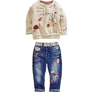 LUKYCILD Toddler Girl Clothes Baby Girl Long Sleeve Top + Jeans Pants with Pockets 2 Piece Outfit Cartoon Clothing Set