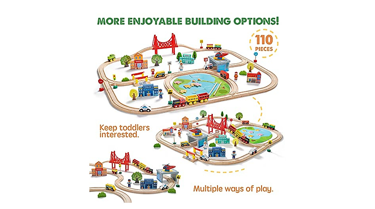 Tiny Land 110pcs Wooden Train Set for Kids Age 3-7