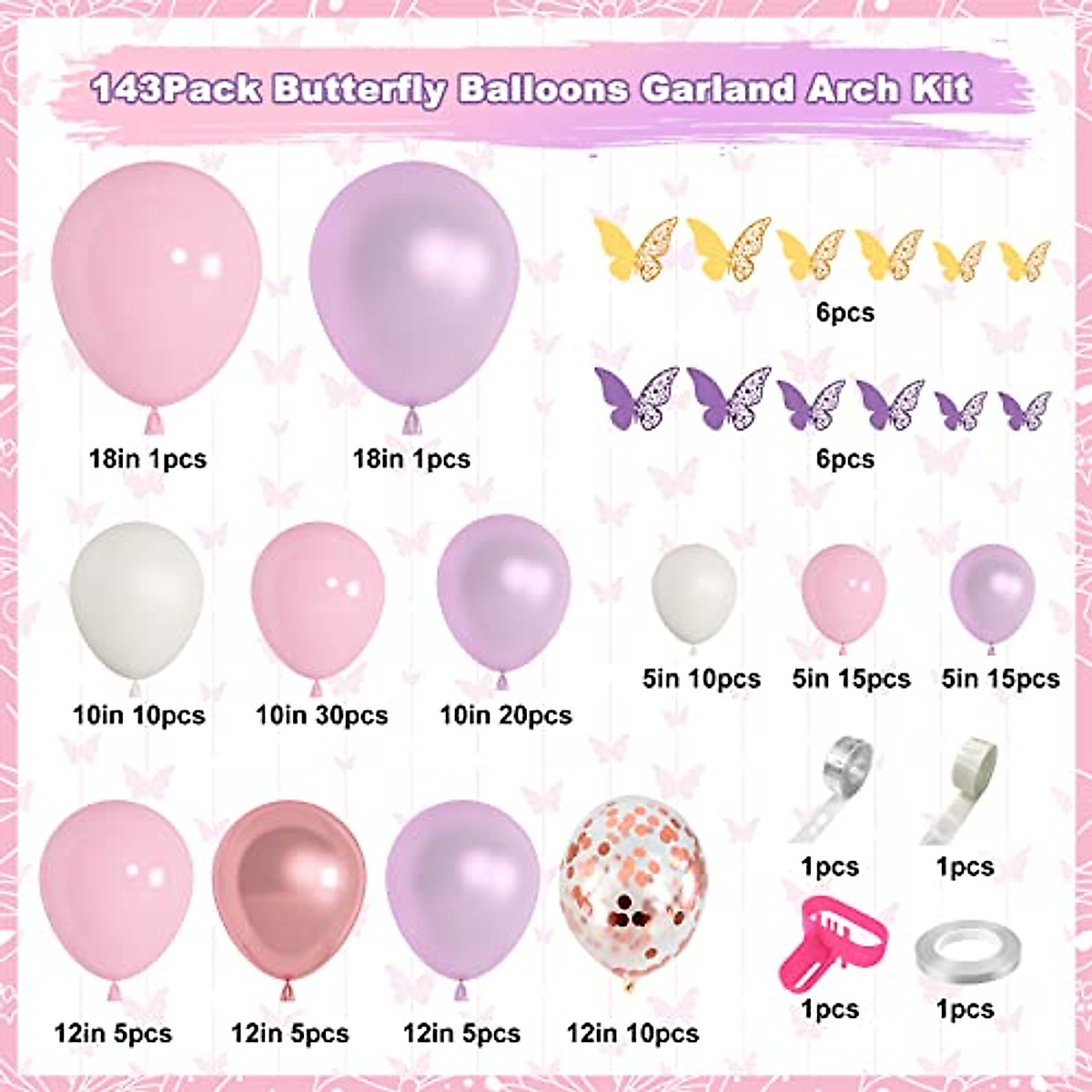 143Pcs Butterfly Pink and Purple Balloons Garland Arch Kit, Baby Shower Decorations for Girl Butterfly Stickers Pink Purple Rose Gold Confetti Balloons for Birthday Wedding Bridal Shower Decorations