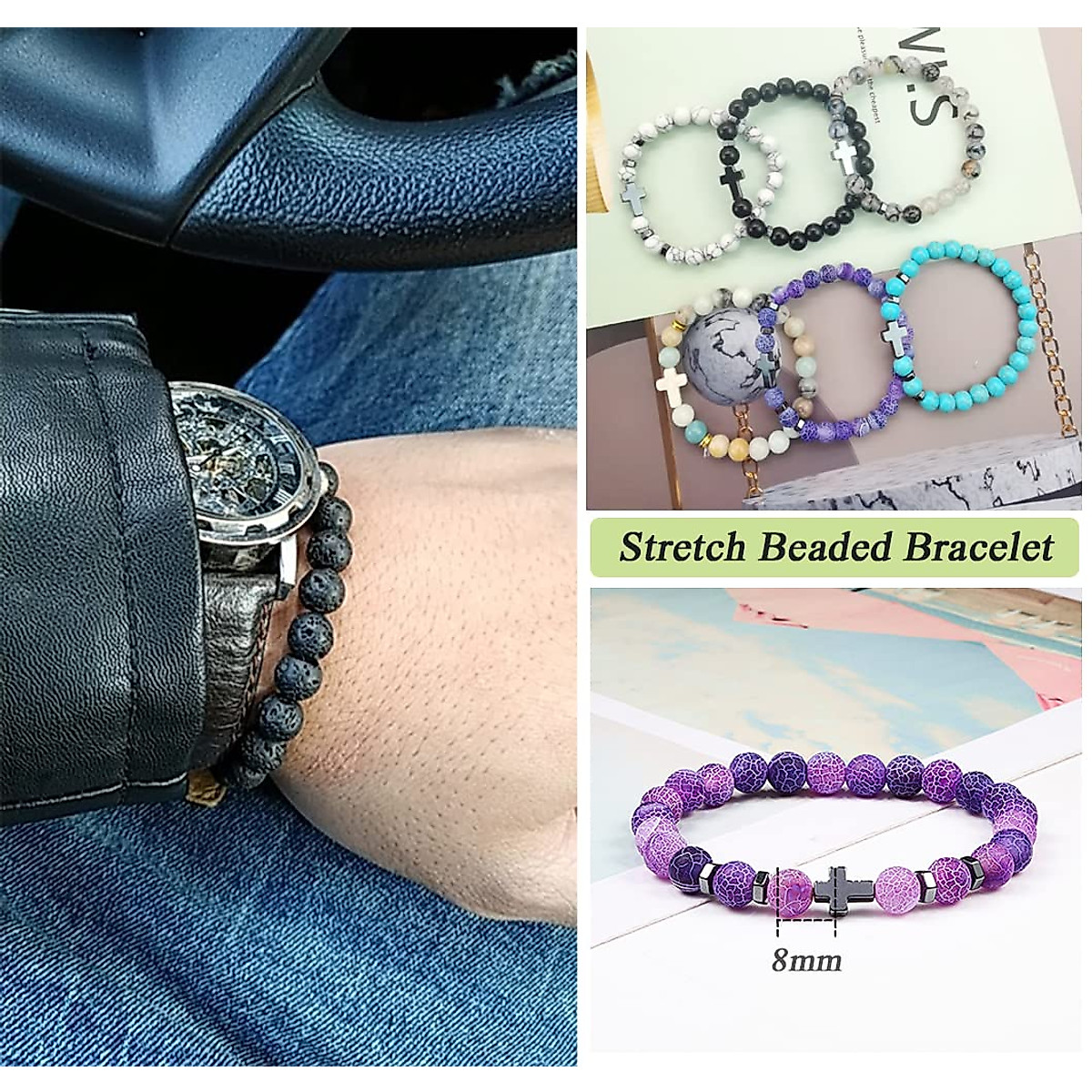 Jewdreamer 12Pcs 8MM Cross Beads Bracelet for Men Women Lava Rock Gemstone Bracelet Tiger Eye Stone Howlite Crystal Stretch Bracelet Set