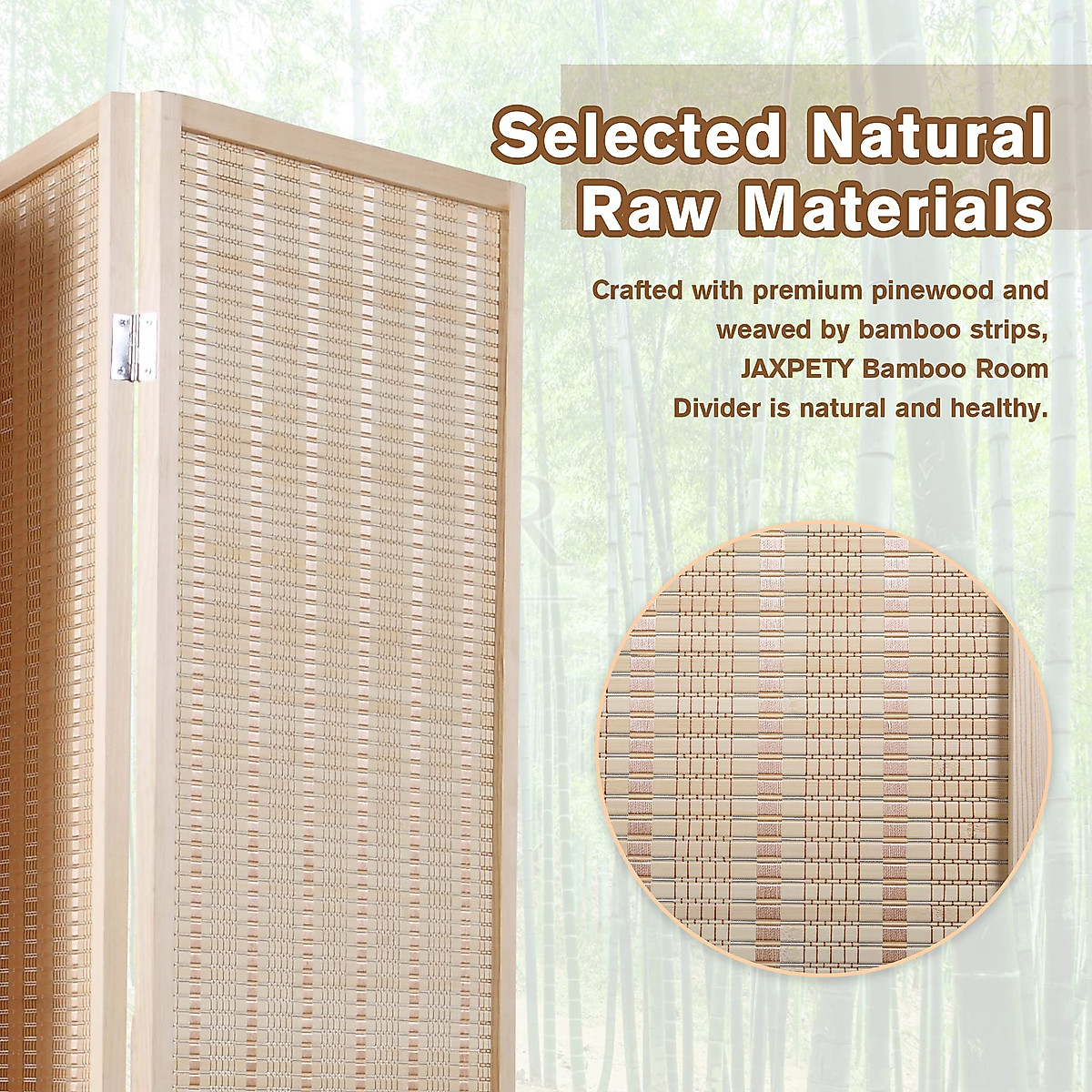 JAXPETY 6 Panel Room Divider 6ft Tall Folding Privacy Screen Freestanding Rustic and Natural Bamboo Room Partition for Home Office, Natural Color