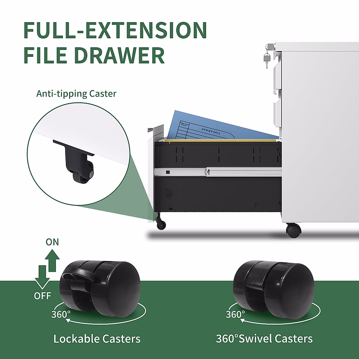 BIZOEIRON 3 Drawer Mobile File Cabinet,Under Desk Metal Filing Cabinet with Lock and Wheels for Letter/Legal/A4 Size (White)