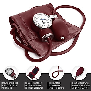 ASA TECHMED Manual Blood Pressure Monitor - Aneroid Sphygmomanometer Blood Pressure Cuff arm for Nurses Universal (Maroon) Standard
