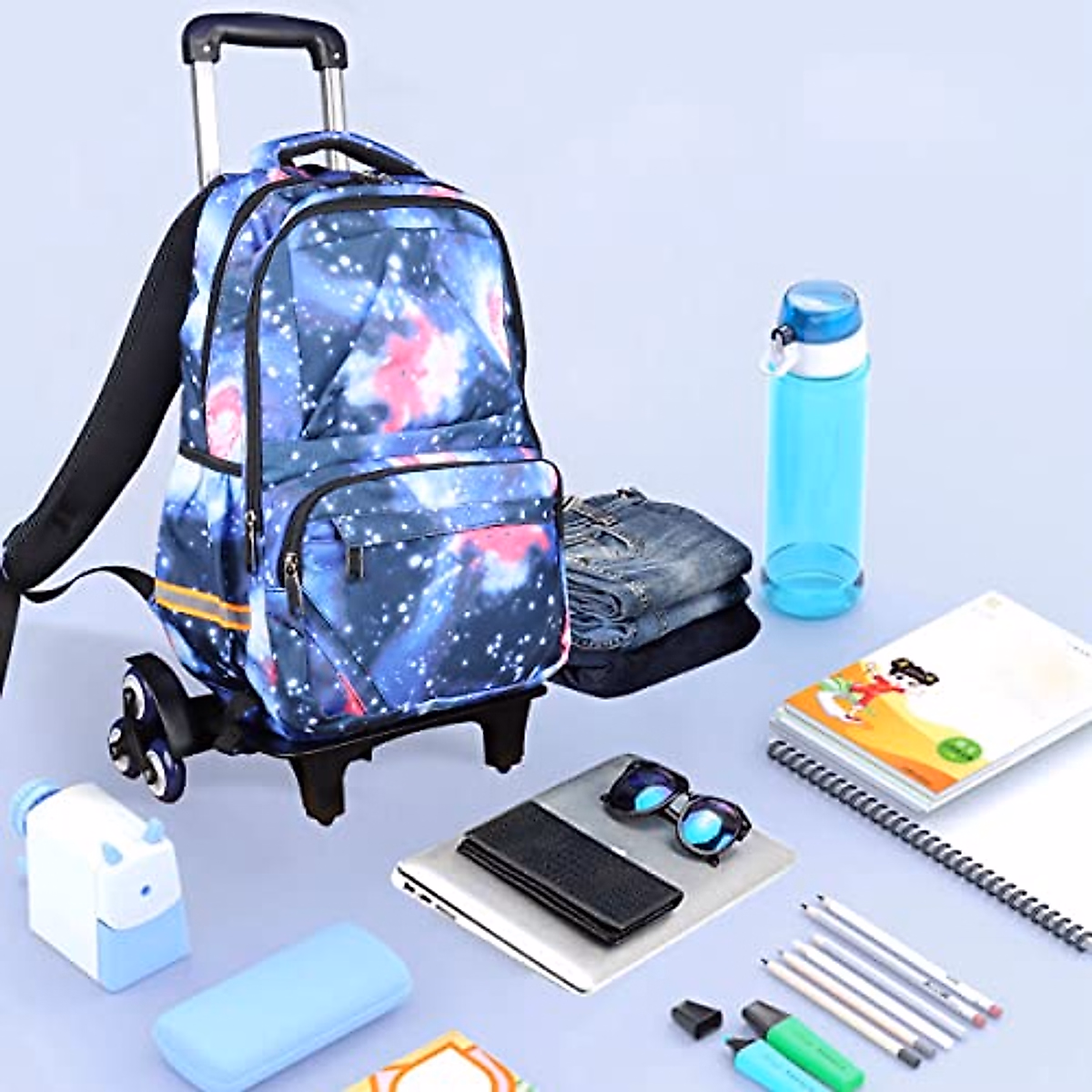 VILINKOU Rolling Backpack with Wheels Trolley Bag Wheeled Backpack for Boy and Girl, Backpack on Wheels for School, Travel (Sky Blue Stars)