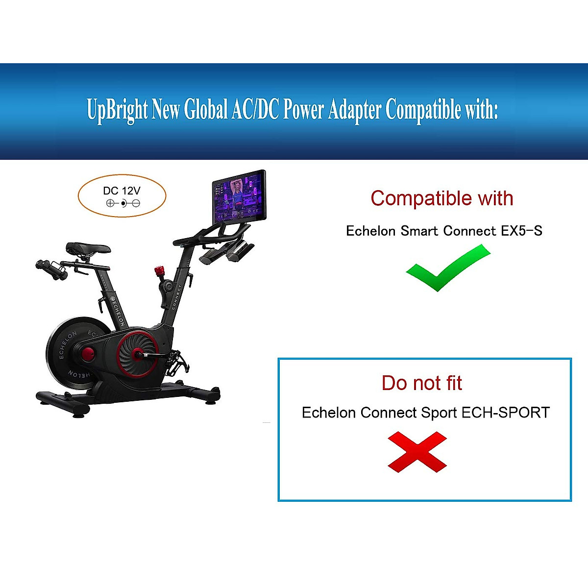 OEM UL Genuine Parts 12V AC/DC Adapter Compatible with Echelon Smart Connect EX5S ECHEX-5s EX-5s-10 EX5S-10 Indoor Cycling Exercise Bike Wahoo SUN-1200500 Fitness Shenzhen SOY 12VDC Power Cord Charger