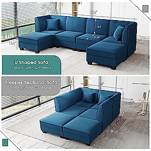 Shintenchi Reversible Modular Sectional Sofa Couch,116" Velvet U-Shaped Sectional Couch Sofa with Ottomans, 6 Pieces Modular Large Sectional Sofa Set for Living Room,Blue