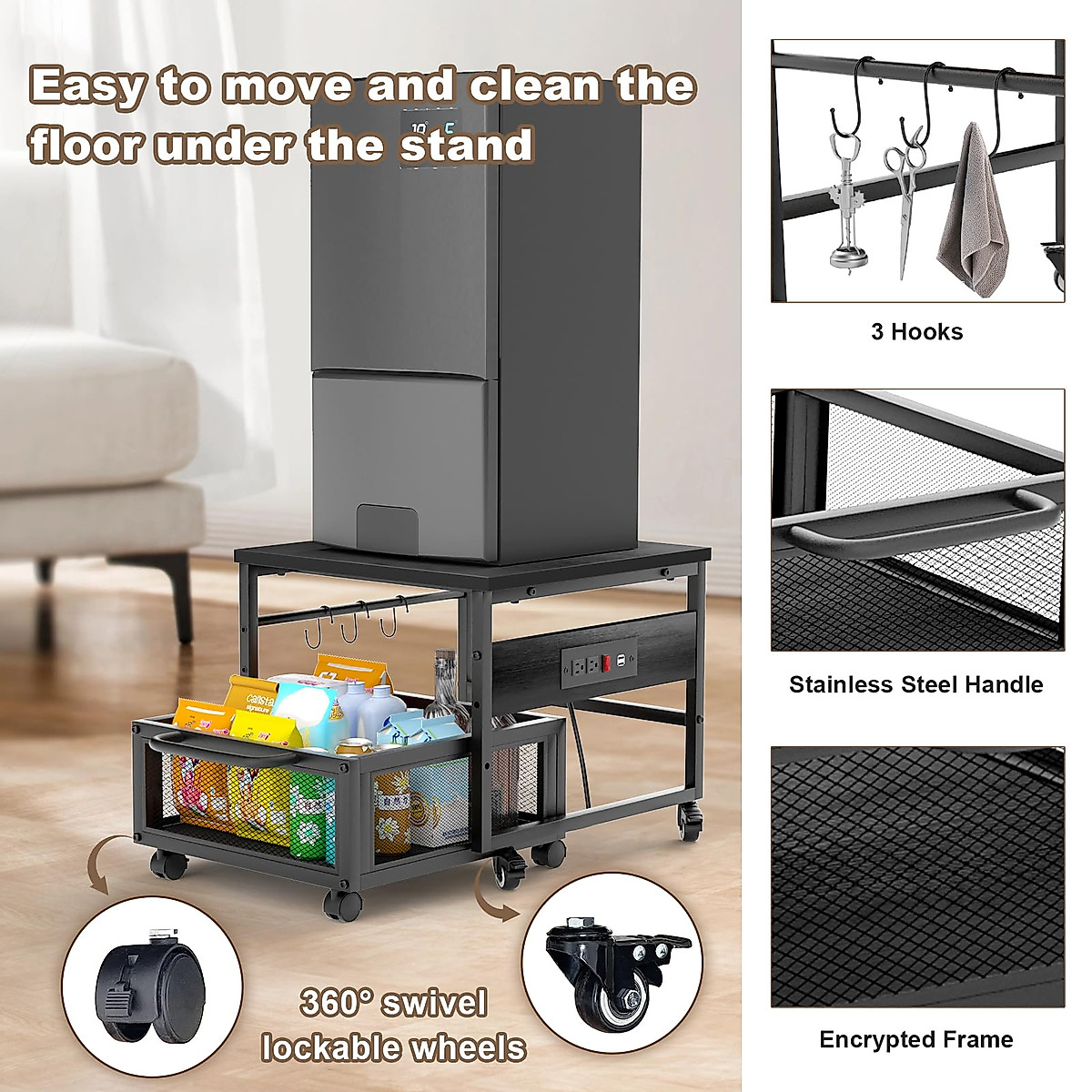 Mini Fridge Stand with Storage and Wheels, Heavy Duty Mini Fridge Table with Power Outlets for 220LBS Refrigerator, Rolling Fridge Cart with Large Capacity Drawer for Dorm,Office,Bedroom (Black)