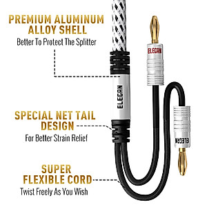 Elecan 14 AWG Speaker Cable Wire 50 Feet with Gold-Plated Banana Tip Plugs-CL2 Rated-in Wall-Heavy Duty Nylon Braided, Oxygen-Free Copper (OFC)-White-with 5 Cable Ties