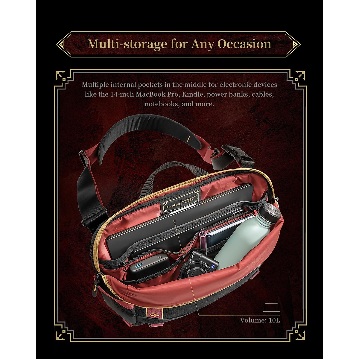 tomtoc Royal Order-themed EDC Sling Bag L for MacBook Pro 14-Inch M1/M2/M3 Pro/Max, Minimalist Chest Shoulder Backpack Crossbody Bag, Water-resistant Lightweight Everyday Carry Bag for Travel, Work