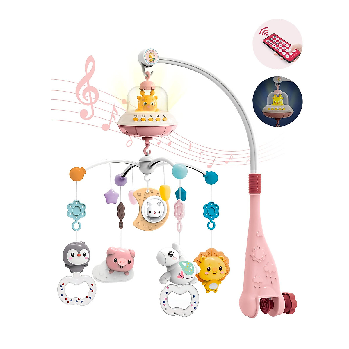 BSROLUNA Baby Crib Mobile with Music and Lights, Baby Mobile for Crib with Remote Control, Hanging Rotating Animals Rattles, 16 Songs and Timing Function, Cartoon Baby Crib Toys for Girls (BabyPink)