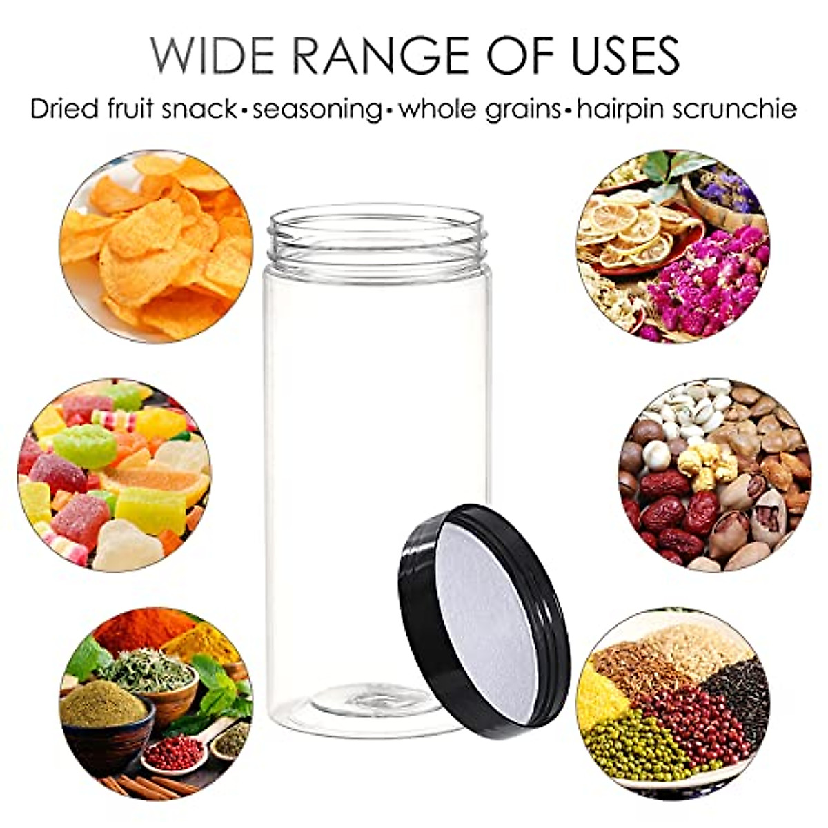 OUSHINAN Plastic Jars with Screw On Lids, Pen and Labels Refillable Empty Round Slime Cosmetics Containers for Storing Dry Food, Makeup, Slime, Honey Jam, Cream, Butter, Lotion… (18PCS 16OZ Black)