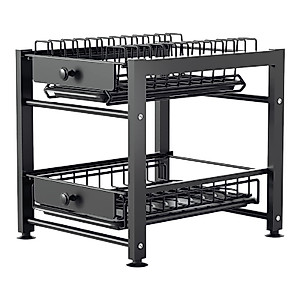 2 Tier Dish Drying Rack for Kitchen Counter, LUNASEA Dish Rack with Drainboard, Black Dish Drainer Set with Anti-Slip Suction Cups, Large Capacity Dish Strainers for Kitchen Countertop Saving Space