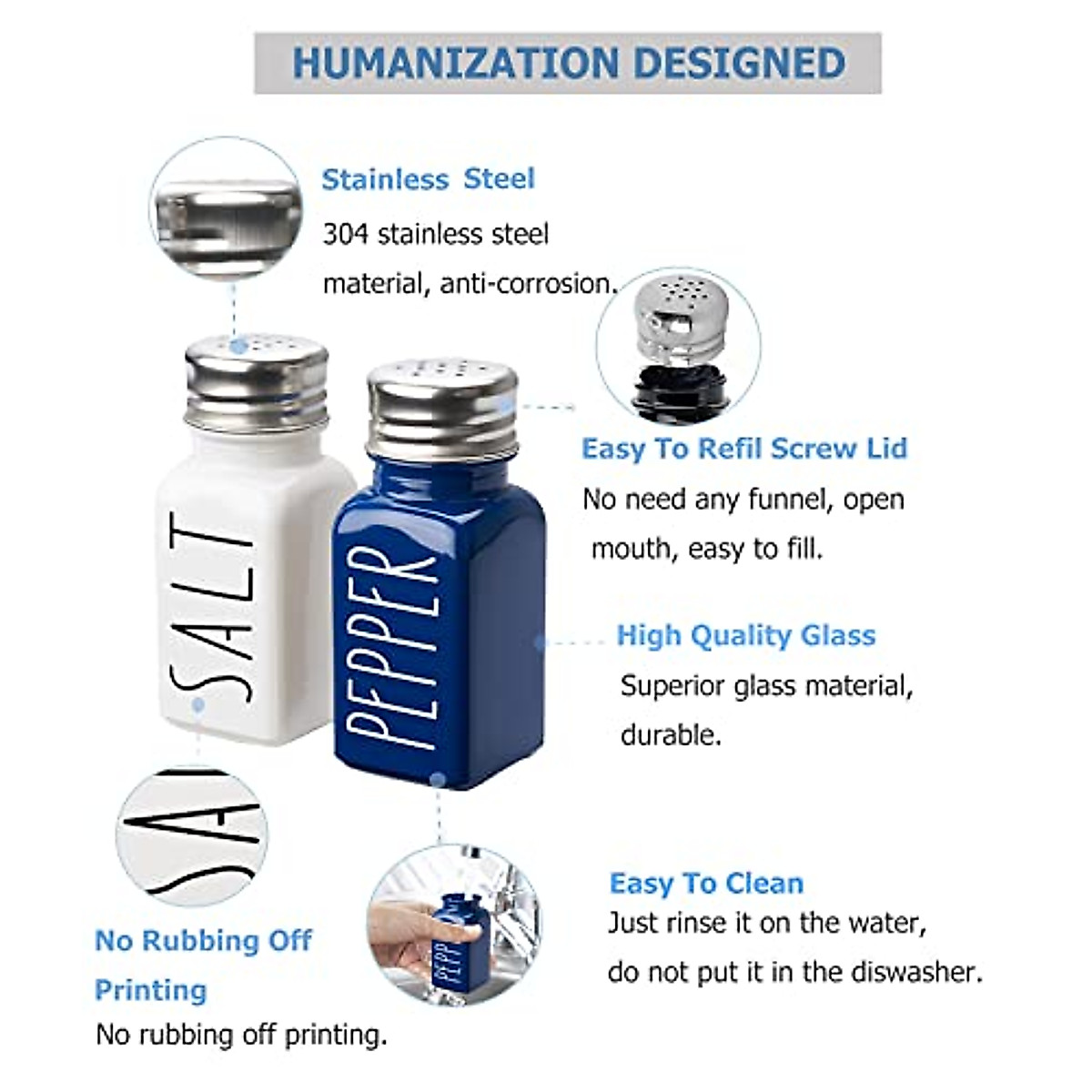 Salt And Pepper Shakers Set,Farmhouse Salt Shaker, Farmhouse Kitchen Decor, Blue Decor, Cute Salt Shaker,Modern Farmhouse Decor,Glass Salt And Pepper Shakers Set Letters No Rubbing Off(BLUE)