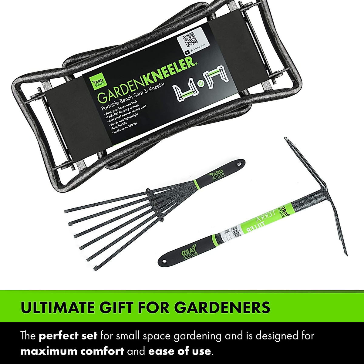 Yard Butler- Garden Kneeler/Seat with Terra Rake and Terra Tiller - Gardening Tools & Supplies Set Perfect for Gardeners - Ergonomic & Durable Designs