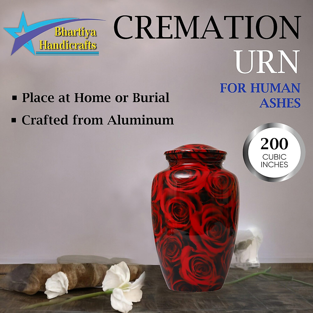 Bhartiya Handicrafts Red Rose Cremation Urn for Human Ashes - Suitable for Male & Female Adult Memorial urn, Urns for Ashes Adult Female for Home or Burial - Remains up to 200 lbs (Design 9)