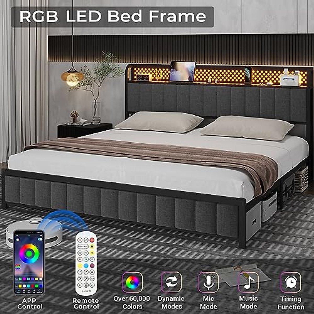 ADORNEVE King Size Bed Frame with LED Lights Headboard, Upholstered Platform Bed with Charging Station, LED Bed Frame with Storage Headboard, Upgraded 2-Row Mid-Beams, Noise-Free, Dark Grey