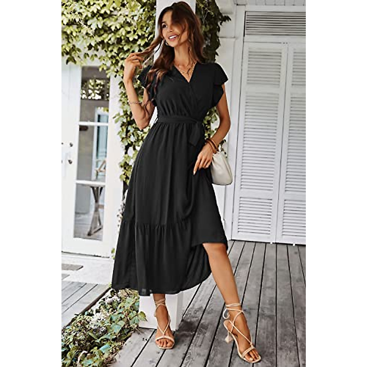 PRETTYGARDEN Women's 2023 Floral Boho Dress Wrap V Neck Short Sleeve Belted Ruffle Hem A-Line Flowy Maxi Dresses (Solid Black,Large)