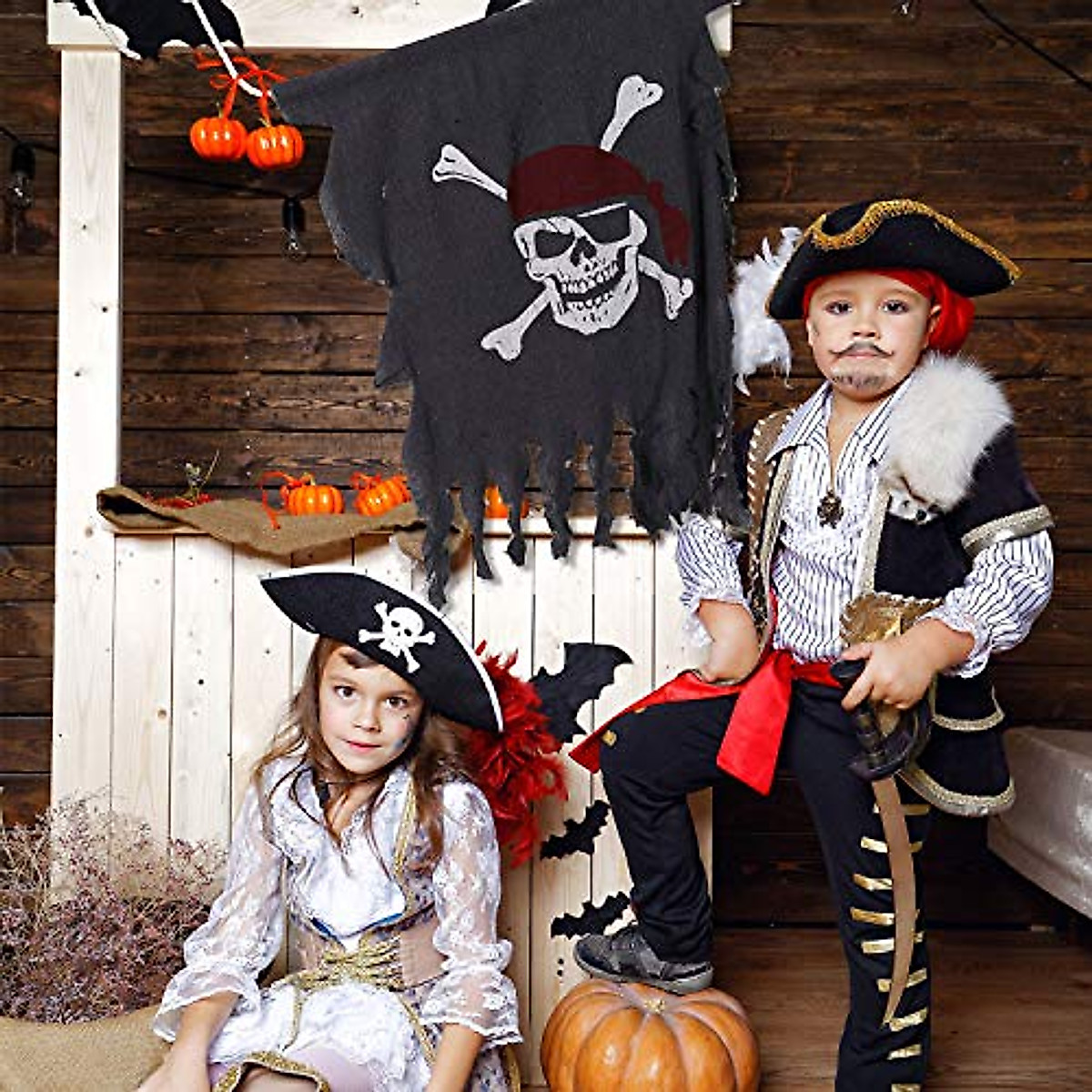 2 Pieces Halloween Pirate Flag 3 x 2.5 Feet Jolly Roger Flag Weathered Pirate Flag Retro Pirate Creepy Ragged Flag Skull Bones Pirate Banner for Halloween Decorations, Pirate Party, Kids Room Decor