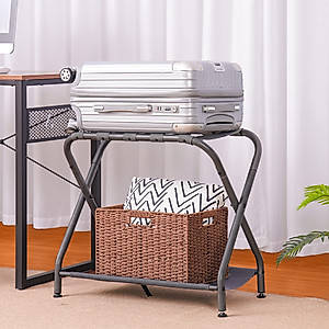 Heybly Luggage Rack,Pack of 2,Steel Folding Suitcase Stand with Storage Shelf for Guest Room Bedroom Hotel,Gray,HLR002G2