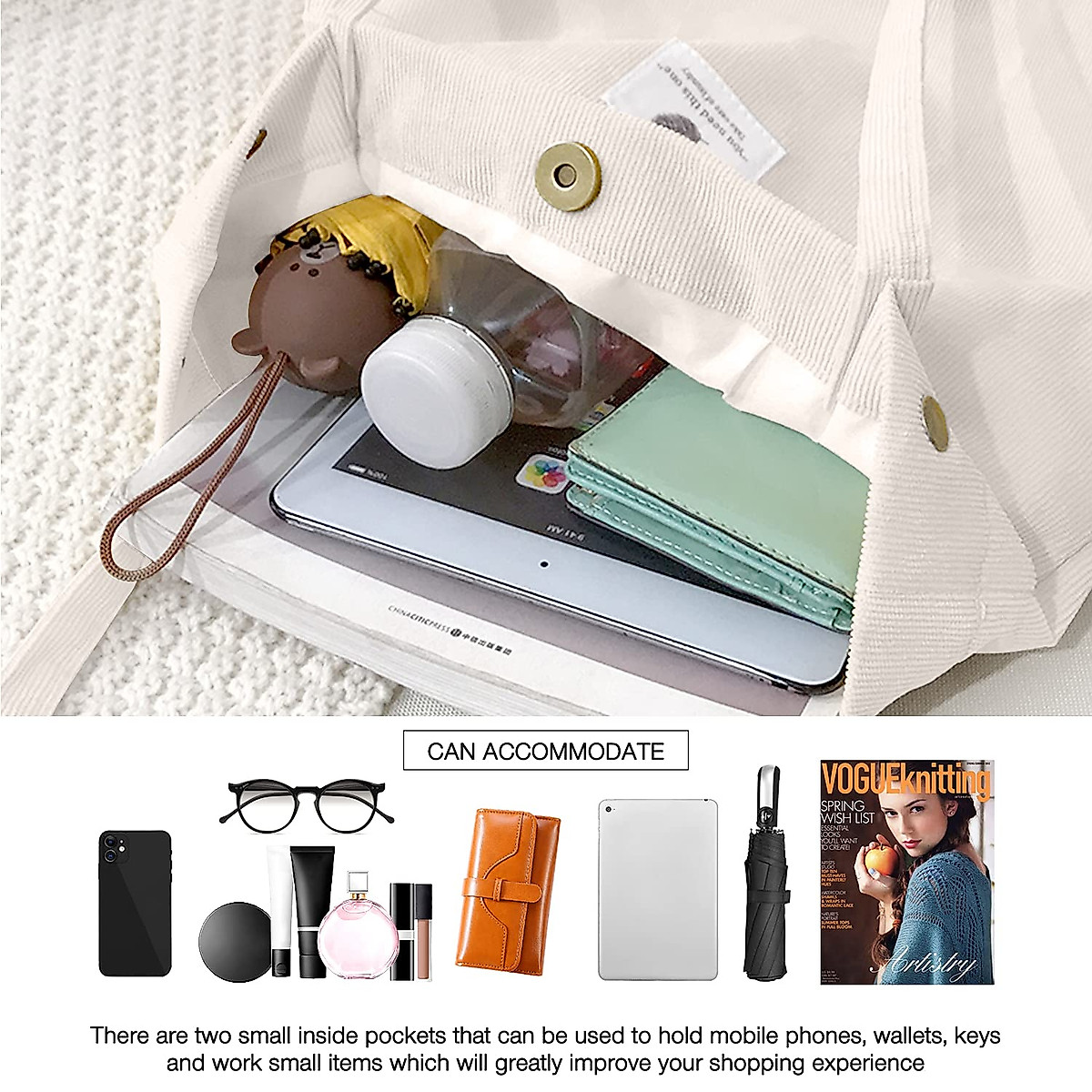 Women Tote Bags Grocery Shoulder Bag Corduroy with Inner Pocket for Work Beach Lunch Travel Shopping Shopper Handbags