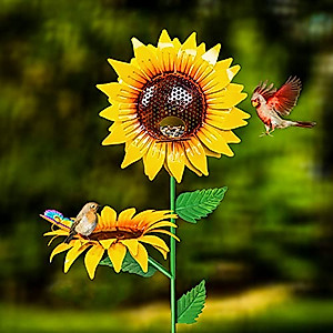JOIEDOMI Sunflower Bird Feeder, Sunflower Yard Ornament Stakes, Flower Hanging Bird Feeders for Outdoors, Patio, Backyard, Garden