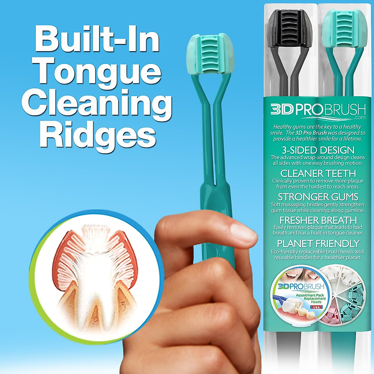 3D Pro Brush | 3-Sided Toothbrush | 3X Clean Two-Pack | 360 Gum Massage Triple Deep Clean Ultra Soft Replacement Heads Tongue Scraper Sustainable Sensory Gift Oral Health Care Travel Three Made in USA